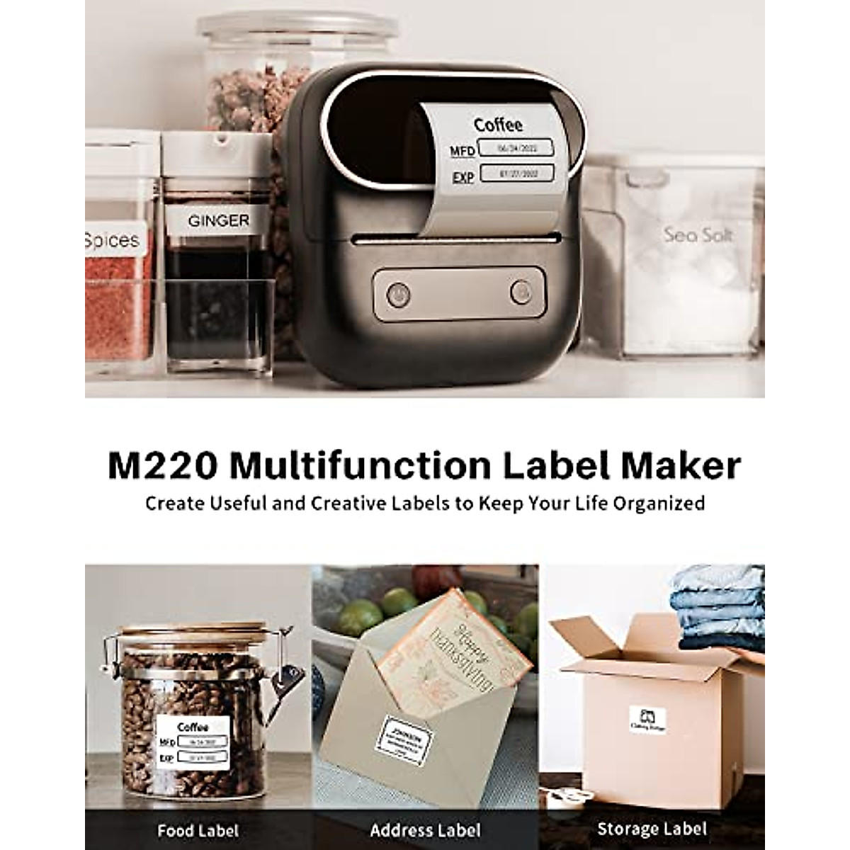 Itari M220 Label Maker 3 Inch Bluetooth Label Maker, Barcode Label Printer for Storage, Address, Mailing, Office, Home, Small Business, Compatible with iOS, Android and PC, with 1 Roll Label