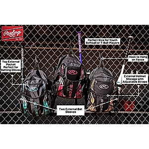 Rawlings Storm Girls Softball Bag - Sized for Youth Softball Backpack for Girls or TBall Bag – Holds Two Bats – Includes Hook to Hang on Fence - Black and Pink