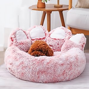 SEAHOME Dog Bed Cat Pet Sofa Cute Bear Paw Shape Comfortable Cozy Pet Sleeping Beds for Small, Medium, and Large Dogs and Cats, Soft Fluffy Faux Fur Cat Cushion Dog Bed (Small 22'' x 22'', Pink)