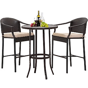 FHFO 3 Piece Outdoor Patio Heigh Bar Table and Chairs Set, Wicker Bar Height Bistro Table Set of 2, All-Weather Rattan Height Bar Stools w/Cushions & Metal Table Top for Porch, Garden, Balcony-Beige
