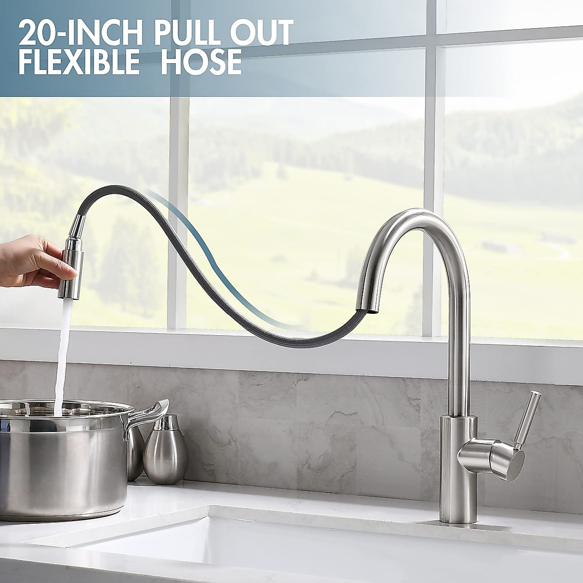 Kitchen Faucet with Pull Down Sprayer OUEN Brushed Nickel Modern Single Handle High Arc Pull Out Kitchen Sink Faucets with Deck Plate for Laundry RV Farmhouse, Brass Structure, 15.7" Height