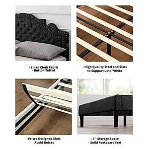 Full Upholstered Platform Bed Frame with 47" Tall Adjustable Headboard - Button Tufted Linen Bed - Wood Slat Support with Storage Space - No Box Spring Needed - Black - Oliver & Smith - Elizabeth