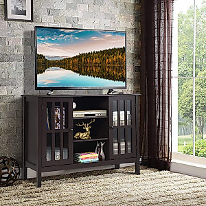 Tangkula TV Stand, Modern Tall Entertainment Center for TVs up to 50", Media Console w/2 Storage Cabinets & 3 Open Shelves, Wire Hole, Wood TV Console Table for Living Room, Brown
