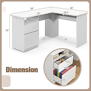 Tangkula L-Shaped Desk with 2 Storage Drawers, 59” Corner Computer Desk with File Drawer & Open Shelf, Computer Workstation with 2 Cable Management Holes, Space-Saving Executive Office Desk (White)