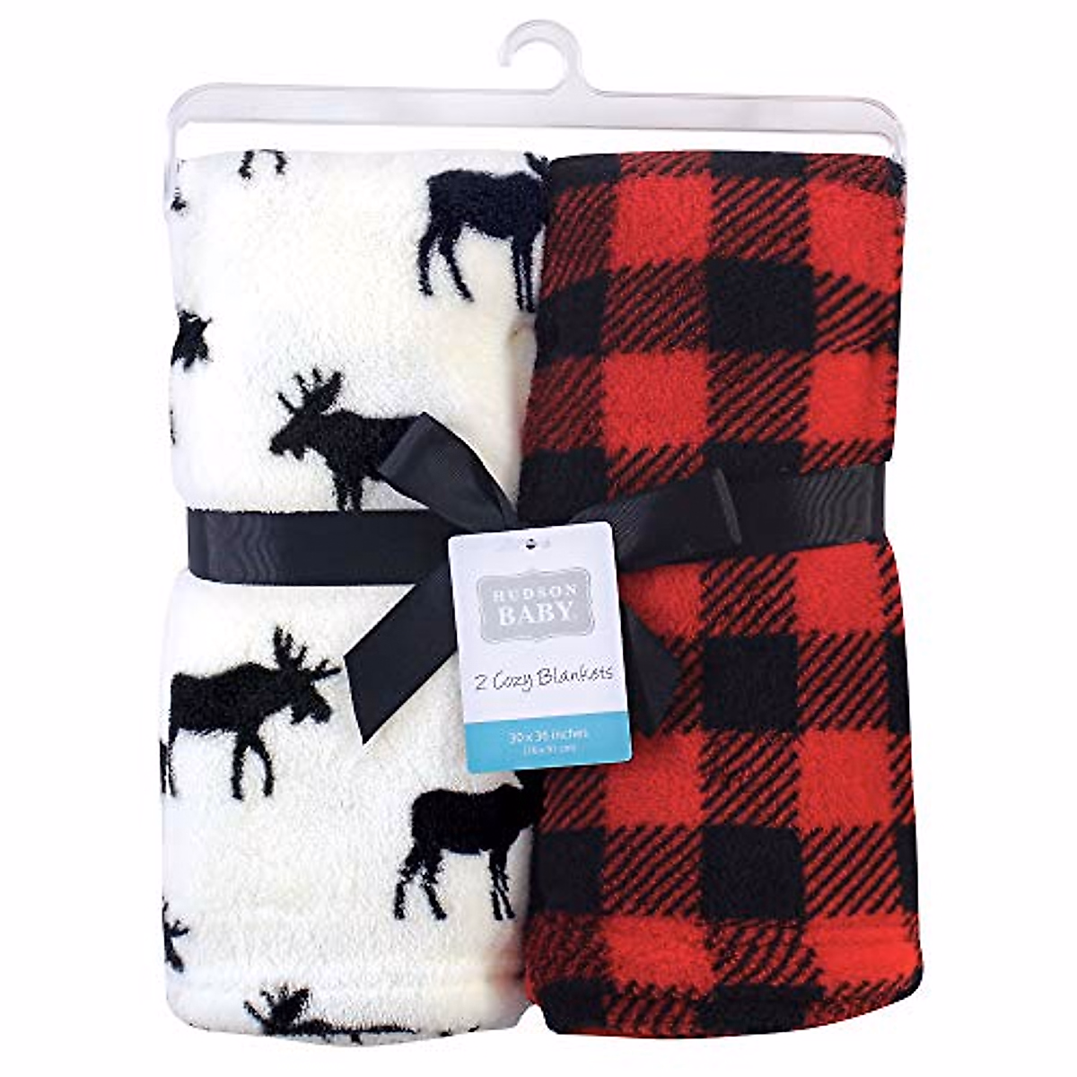 Hudson Baby Unisex Baby Silky Plush and Coral Fleece Blanket, Buffalo Plaid Moose, 30x36 inches