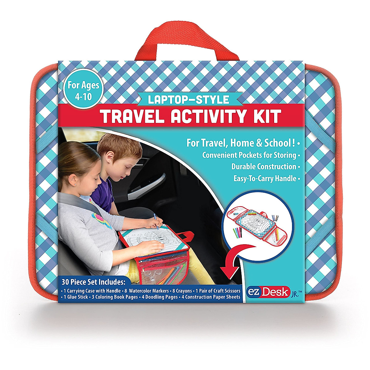 ezDesk Travel Activity Kit, Lap Desk with Cushion, Premium Activity Kit with Writing and Craft Supplies, 30-Piece Set, ‎12" x 19", Multicolor
