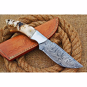HUNTEX Handmade Hand-Forged Twist Pattern Damascus Steel 9 Inch Long Full Tang Natural Ram Horn Handle Razor Sharp Hunting Camping Boot Knife w/Genuine Leather Pouch