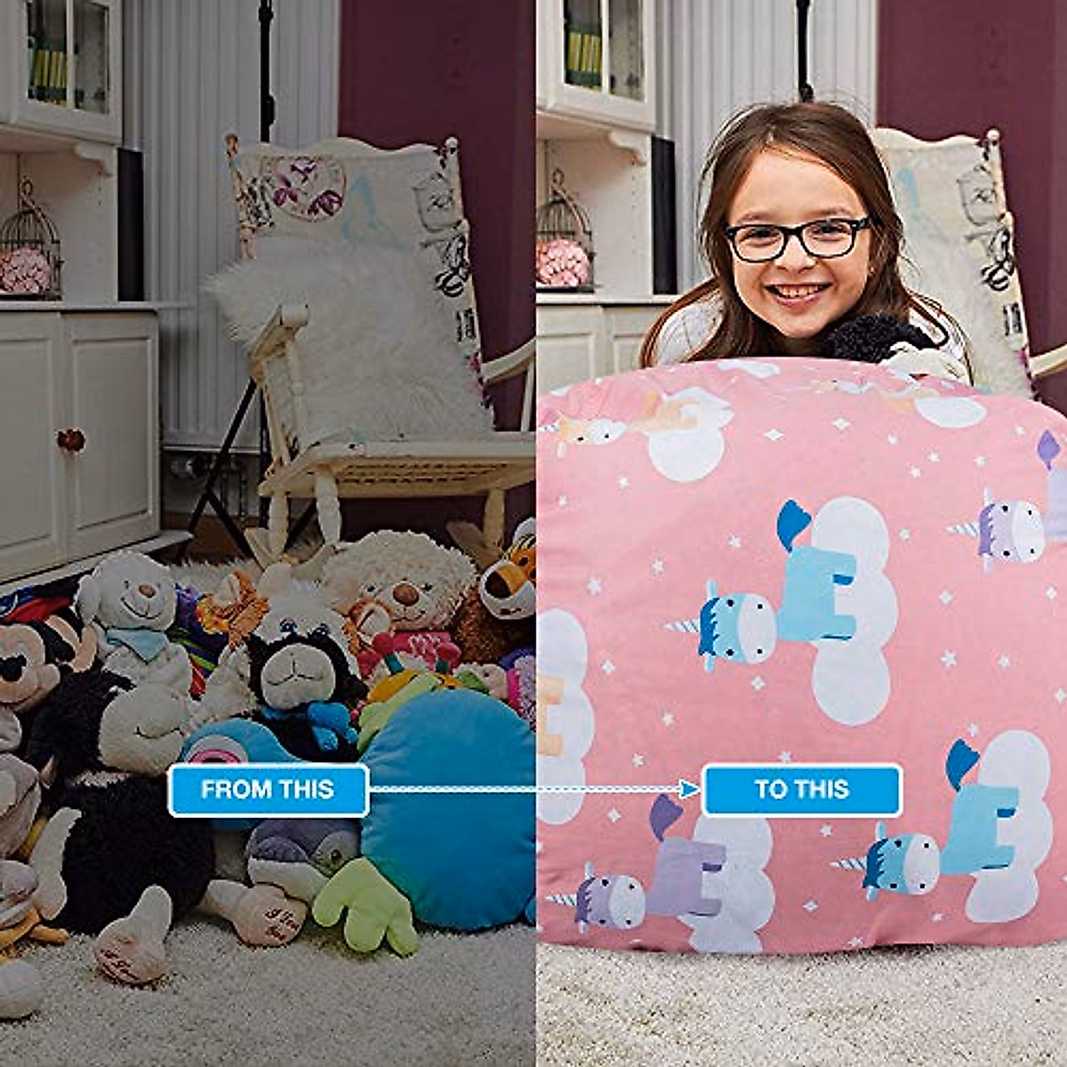 STTIAO Stuffed Storage Bean Bag Chair for Kids, Animal Beanbag Cover with Carrying Handle-Toy Storage Plush Organizer for Toddler Stuffed Seat (Unicorn, 38'')