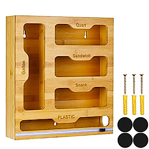 Plastic Bag Organizer for Kitchen Drawer, Bamboo Baggie Organizer and Wrap Dispenser with Cutter, Bag storage organizer Compatible with Gallon Quart Sandwich Solimo Glad Snack Variety Size Bag