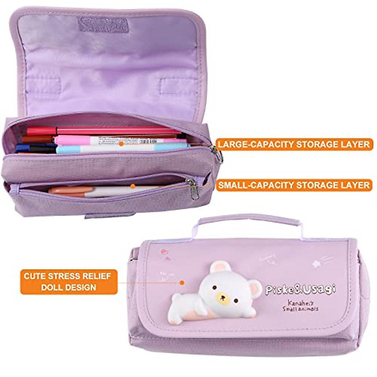 Tergopa Cute Pencil Case Large Pencil Pouch with Handle and Stress Relief Doll for Girls Kids Portable Big Kawaii Pencil Case Organizer for School Purple