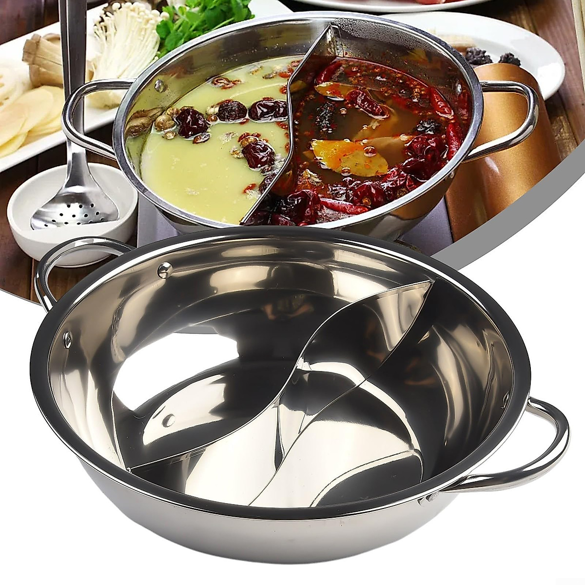 Hot Pot 28cm Stainless Steel Shabu Hot Pot Twin Divided Cookware for Induction Cooktop Gas Stove(28cm)