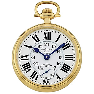 Gotham Classic Series Gold Plated Stainless Steel Open Face 17 Jewel Mechanical Hand Wind Pocket Watch # GWC14112G