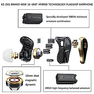 KZ ZAS IEM Earphones,16-Unit Hybrid High-Frequency 7BA+10mm Dual DD HiFi Stereo Sound Earphones Noise Cancelling Earbuds Built-in Callable(in-Ear Headphones Wired Black with Microphone)