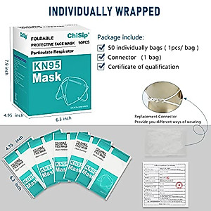 ChiSip Kn95 Face Masks 50 pack, Individually Wrapped Cup Dust Safety Masks 5 Layer Protection Mask for Adult, Men, Women, Indoor, Outdoor Use, White