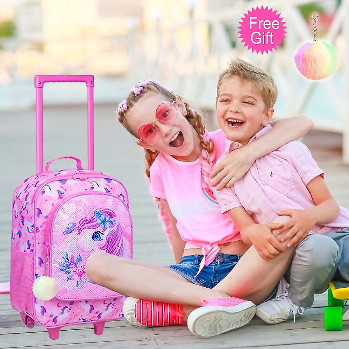 UFNDC Kids Luggage for Girls, Unicorn Suitcase Rolling with Wheels，Travel Carry on for Children Toddler elementary