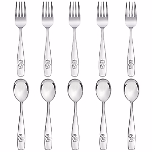 PLASKIDY Kids Silverware Stainless Steel Set of 10 Toddler Utensils Forks and Spoons - Dishwasher Safe Kids Flatware Set Children's Safe Cutlery Set