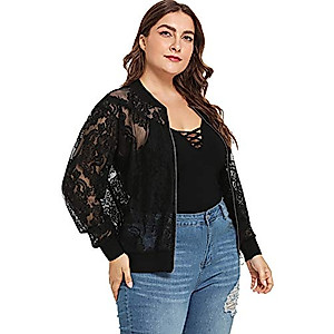 Floerns Women's Plus Size Sheer Floral Lace Long Sleeve Baseball Jacket Black 2XL
