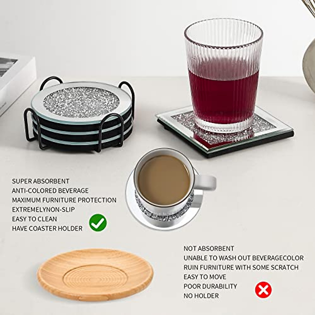 ToPToToo Mirrored Crystal Glass Coasters for Drink Crushed Diamond Decor Cup Coasters Set of 4,Square Personalized Coasters with Holder for Wooden Coffee Table (4 X 4 Inch)