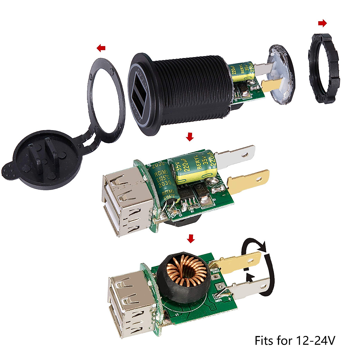 Ginsco Dual USB Charger Socket Power Outlet 2.1A & 2.1A（4.2A） for Car Boat Marine RV Mobile with Wire Fuse DIY Kit Blue LED