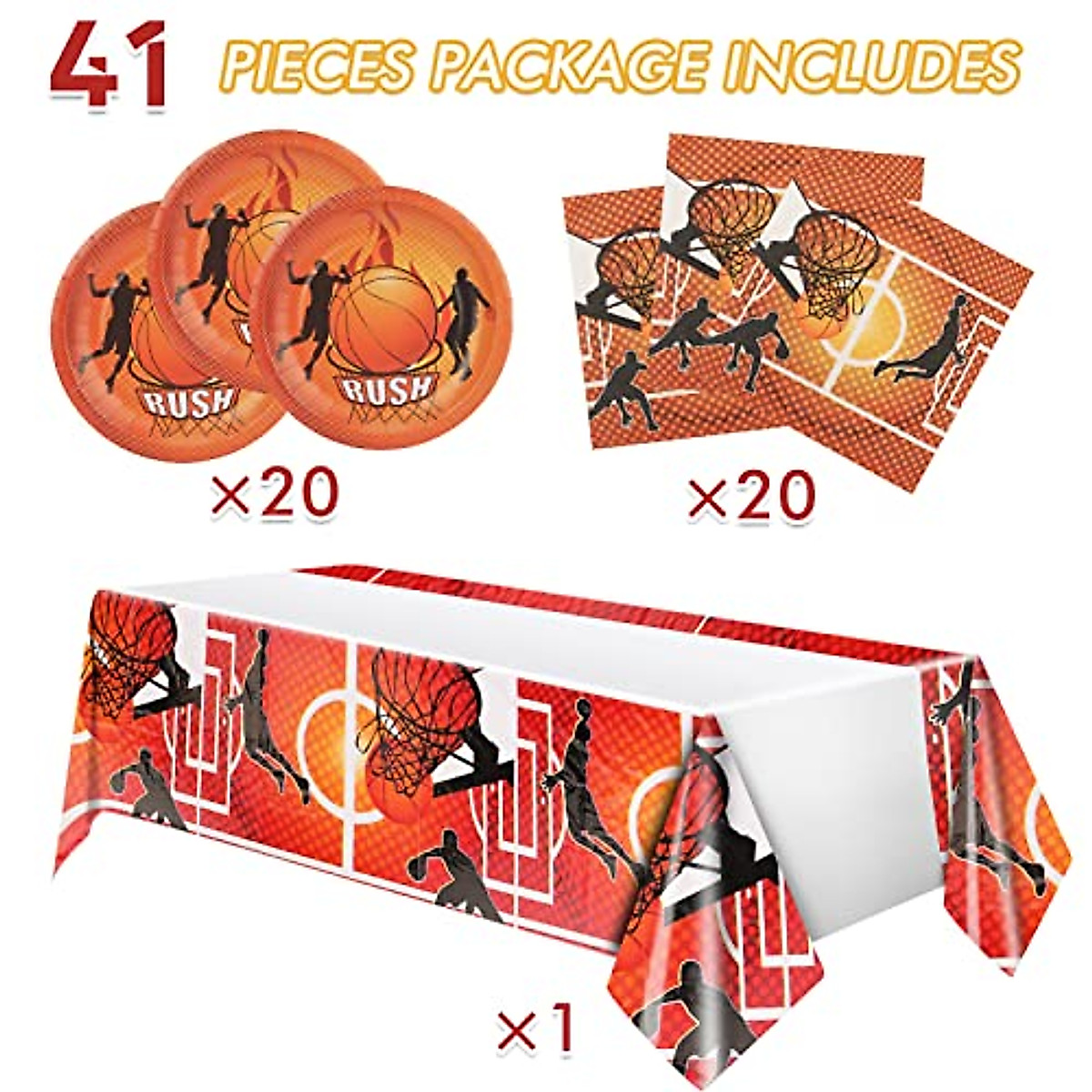 Juhap 41Pack Boy Basketball Birthday Party Supplies, Sports Themed Party Tableware Set Includes 20 Dessert Plates 20 Napkins and 1 Tablecloth for Basketball Theme Birthday Party Decorations