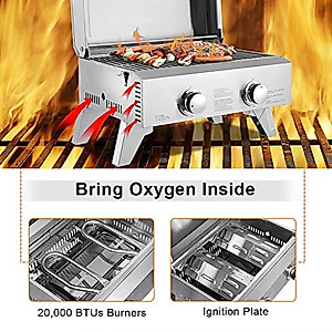 ROVSUN Portable Gas Grill with 2 Burner, Extra Large 20,000 BTU Tabletop Camping Propane Griddle for Outdoor Patio Garden BBQ Picnic Tailgating Trip Home Use with Stainless Steel Body, Regulator & Hose