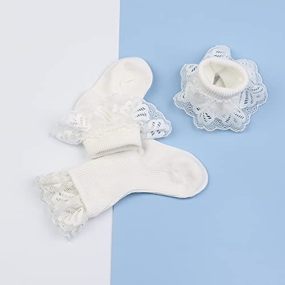 VINIKNIKA 6 Pairs Baby Girls Socks Newborn Ruffle Lace Socks Princess Frilly Knit Cotton Socks with Bows for Infant Toddler Kids (White 6 Pairs Set 6, 6_months)