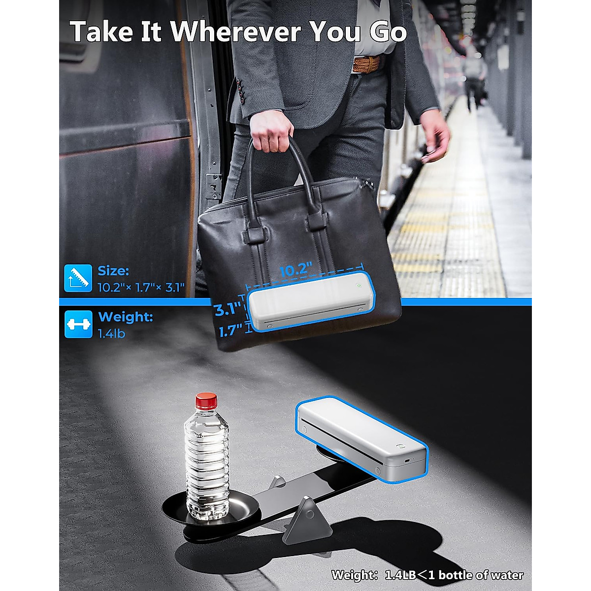 Itari M834 Upgraded Portable Printer, Bluetooth Thermal Printer, Wireless Inkless Printer Support 8.5" X 11" US Letter & A4 Thermal Paper for Office, Home, Travel, Compatible with Phone & PC, White