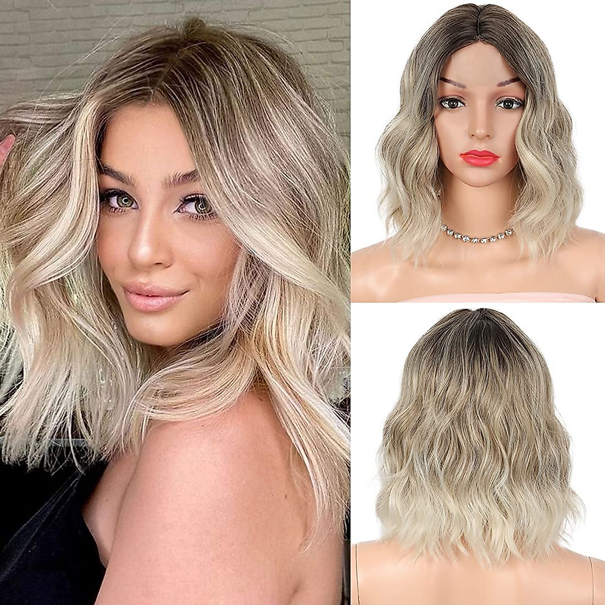 Kalyss 12" Synthetic Edge Lace Front Wigs for Women Short Wavy Bob Wig Middle Part Ombre Ash Blonde Wig for Daily Wear(12”, Ombre Ash Blonde)