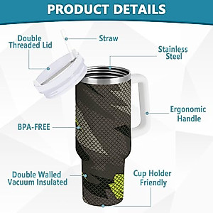 GKCLOCK 40 oz Tumbler with Handle and Straws, Insulated Reusable Stainless Steel Travel Coffee Mug Water Bottle for Office & Outdoor, Cupholder Friendly (Green Camouflage Style)