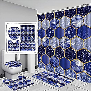 4PCS Glitter Marble Shower Curtains with Rugs Bath Mat Toilet Lid Cover and 12 Hooks Waterproof Bling Marble Bathroom Shower Curtain Set
