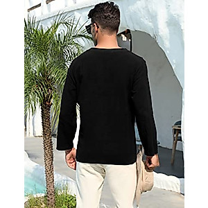 TURETRENDY Men's Cotton Linen Henley Shirt Lace Up Long Sleeve V Neck Casual Beach Hippie Shirts Black 3XL