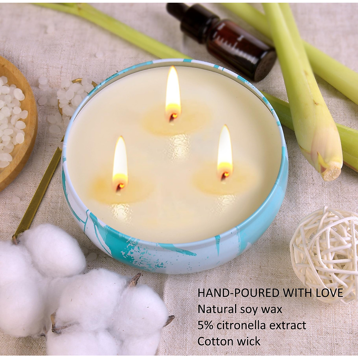 Citronella Candles Outdoor,3 Wick Large Citronella Candle for Patio, Soy Wax Lemongrass Candles Pack of 3, Scented Candles for Indoor Outdoor Garden Backyard Camping Summer Vacation