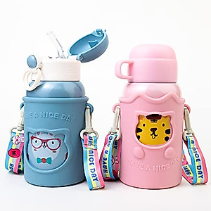 17 oz Kids Insulated Water Bottles with Sleeve - BPA Free Leakproof Sport stainless steel Motivational Water Bottle with Straw & Strap & Insulated Neoprene Holder Great Gift for Kids Women Men (Pink)