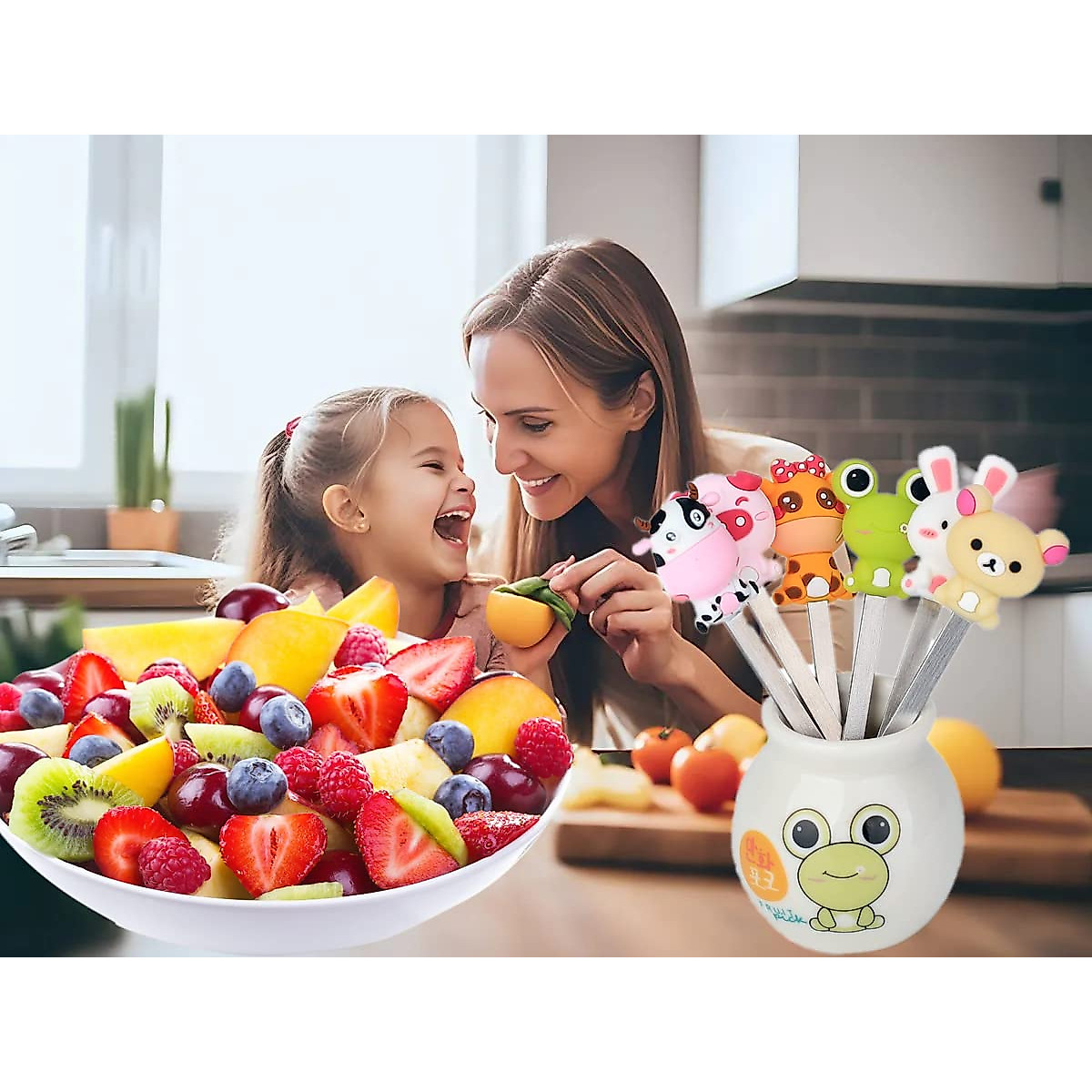 Zeltauto 6 Pcs Fruit Forks Cute Cartoon Animal Food Picks for Kids Mini Salad Cake Dessert Toothpicks Forks with a Ceramic Holder for Party Supply(Cartoon)