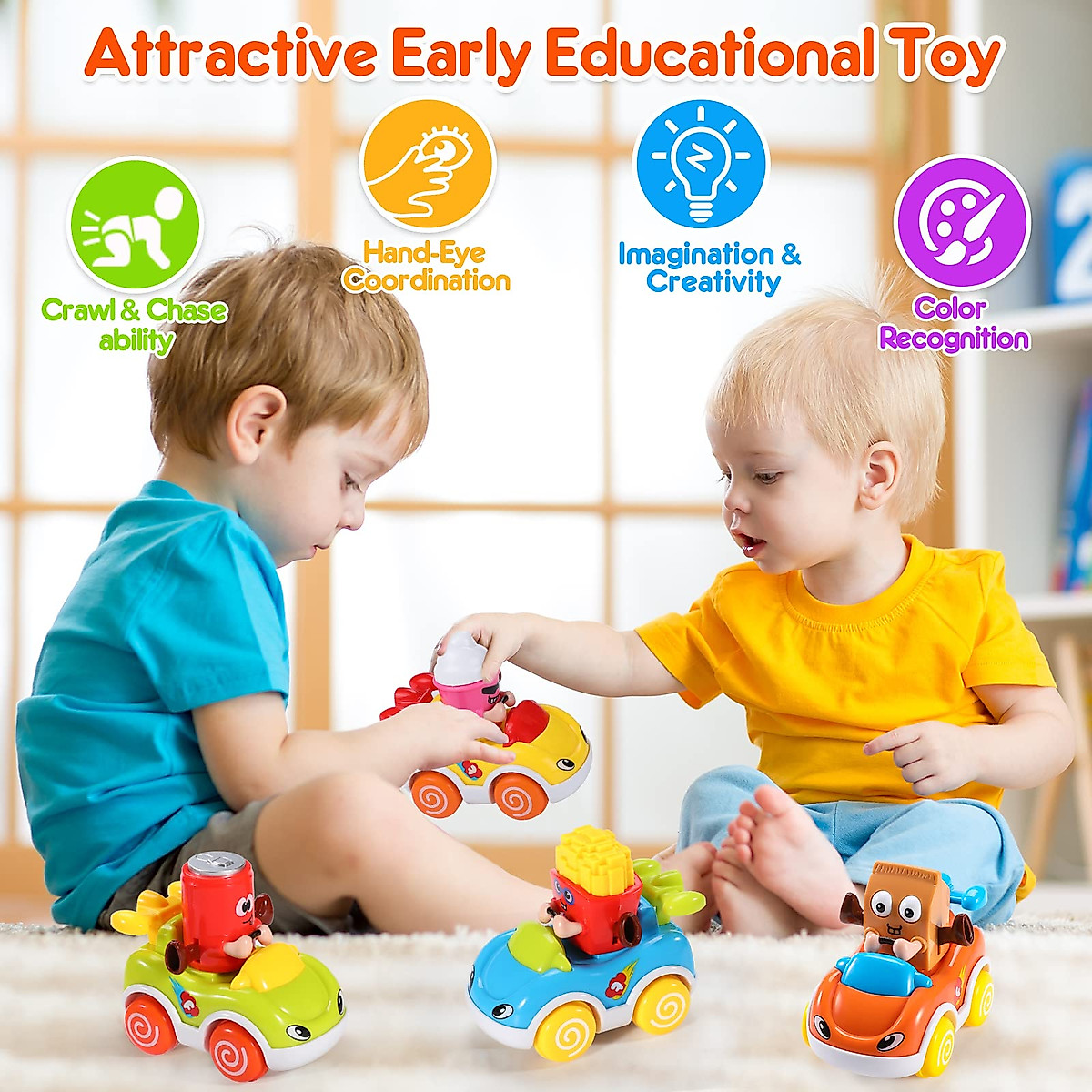 HINZER Toy Cars for 1 2 3 Year Old Boy 4 Pack Friction Powered Cars Baby Toy 12-18 Months Car Toys for Toddlers 1-3 Cartoon Baby Car Toys for 1 Year Old Boy Girl for 1 2 3 Year Old Boys