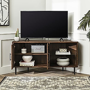 Walker Edison 2 Door Glass Shelf Corner Stand Console, fits TVs up to 55", 48, Dark Walnut