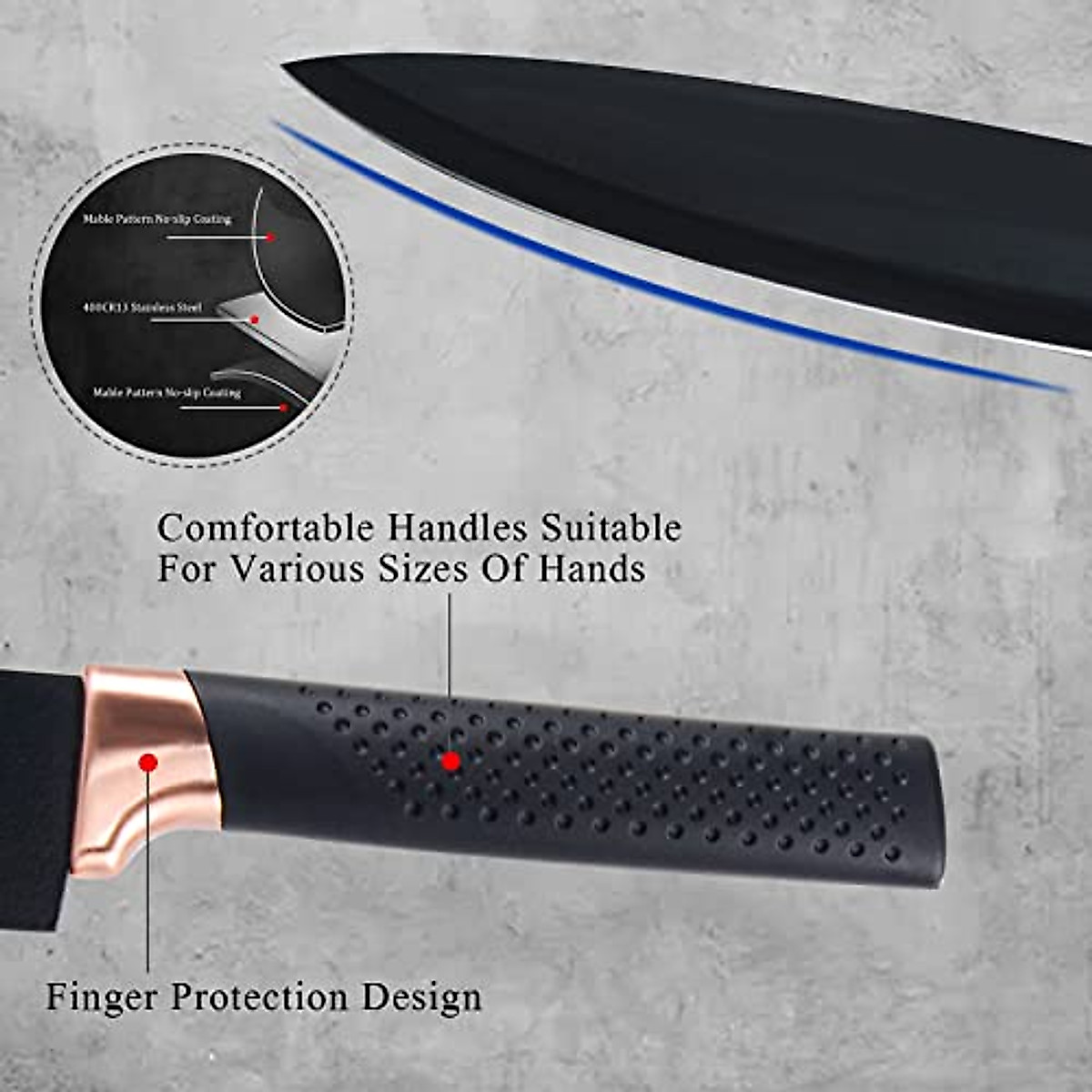 ZHUJIABAO Black Kitchen Knife Block Set with Acrylic Stand 6PCS Professional Stainless Steel Chef Knife Set with Nonstick Coating and Ultra Sharp Edge Cutlery Knife Block Set as Gift for Man and Woman