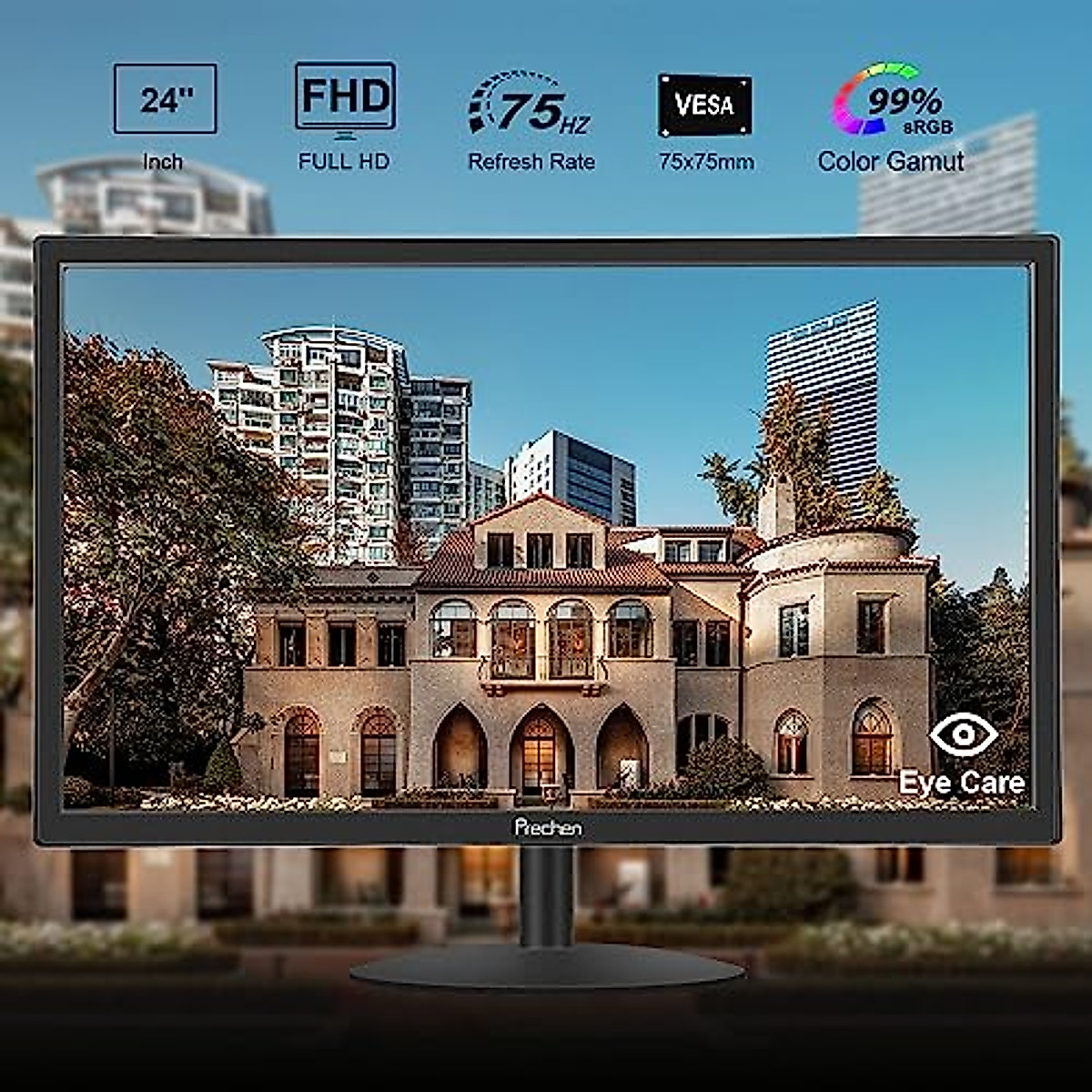 Prechen 24 Inch Computer Monitor 75Hz PC Display, FHD 1920 x 1080P Business Screen LED Desktop Monitor with HDMI and VGA Ports, 99% sRGB, 3000:1, VESA Compatible, Eye Care, Black