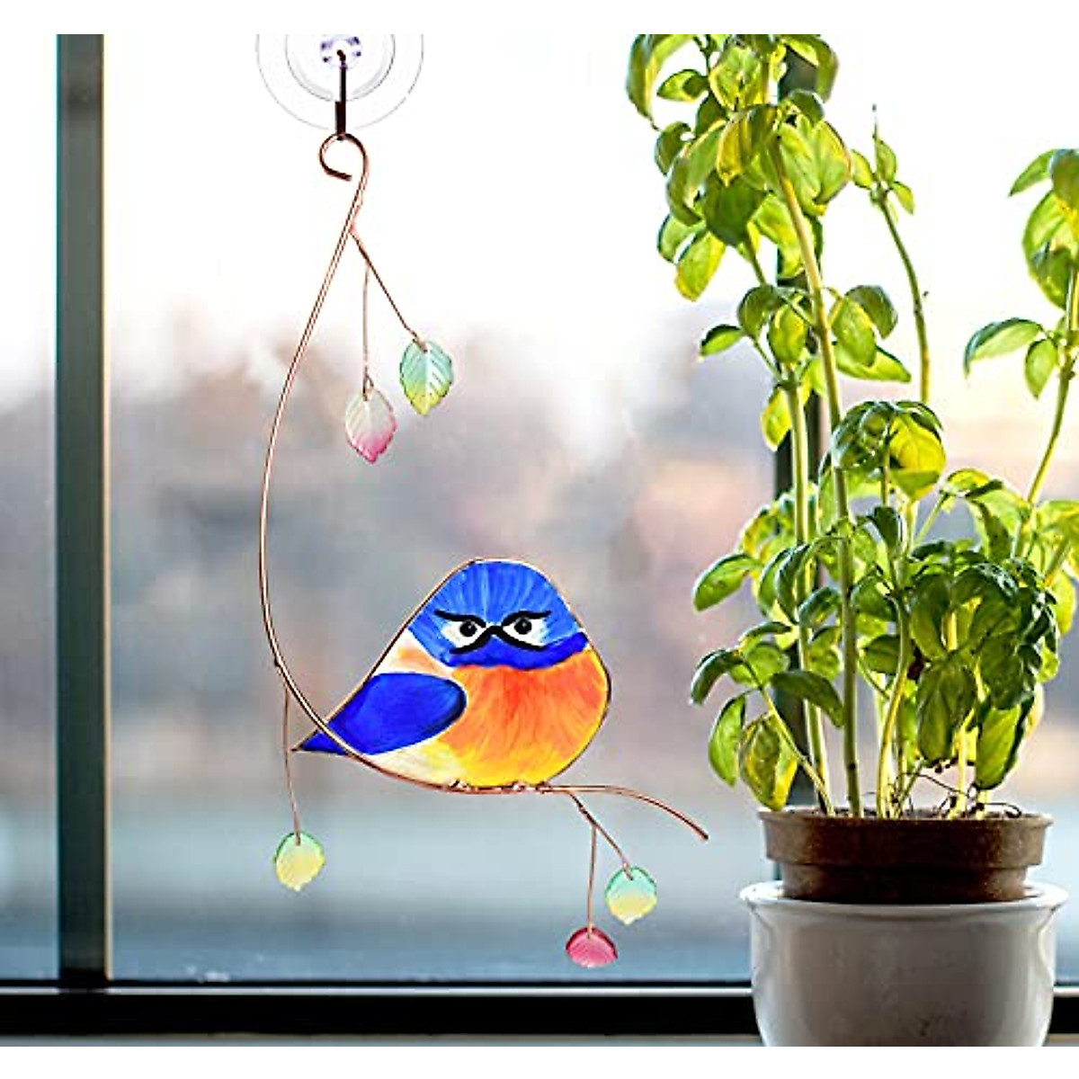 Lolitarcrafts Grumpy Owl Stained Glass Suncatcher Bluebird Stained Glass Window Hangings Glass Painting Bird Hanging