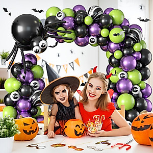 Halloween Balloons Garland Arch Kit Black Purple Green Lime Fruit Green Latex Balloon Metallic Purple Agate Black Long Balloons White Eye Balloons for Halloween Spider Party Decorations