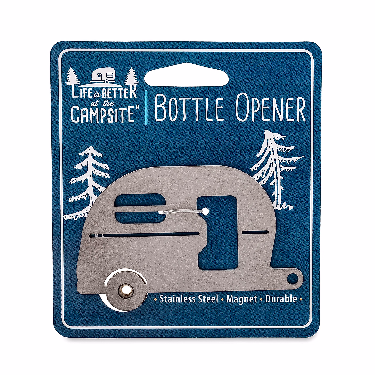 Camco Life is Better at The Campsite Bottle Opener | Easily Removes Bottle Caps | Features a Unique Camper Design with Magnet (53305)
