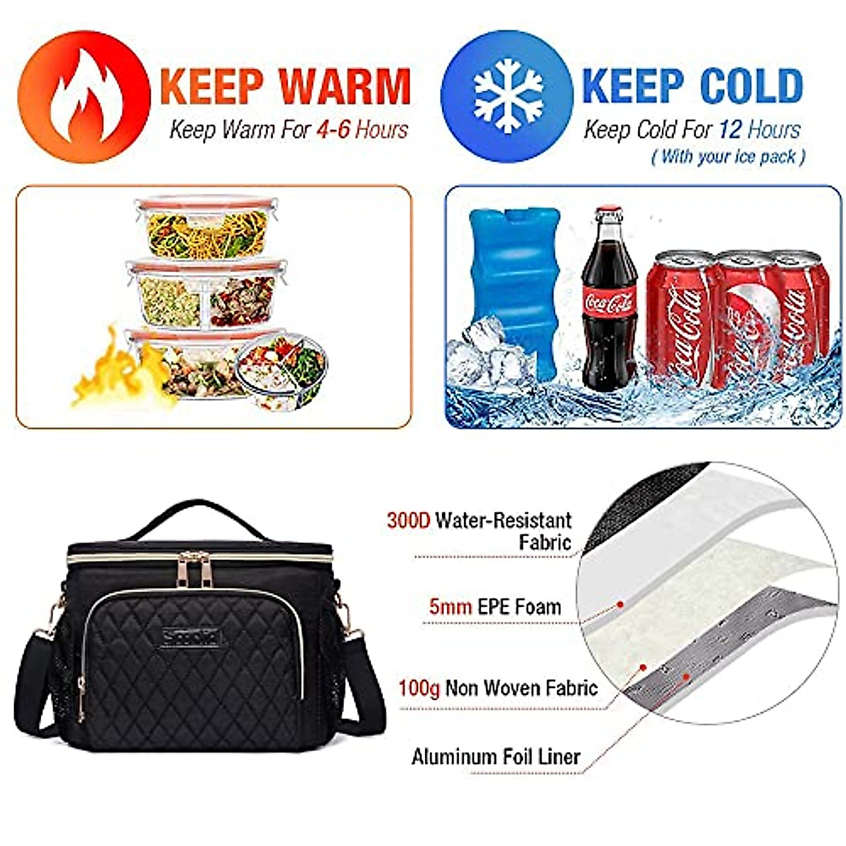 Scorlia Insulated Lunch Bag for Women/Men, Leakproof Cooler Tote Bag for Outdoor Picnics, Beach, Camping, Travel - 10L Capacity, Black