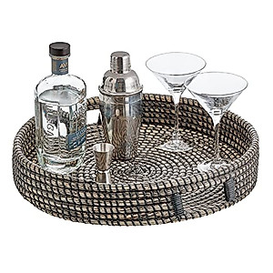 mDesign Seagrass Woven Large Decorative 18" Round Basket Serving Tray w/Built-In Handles for Kitchen, Coffee Table, Wall Decor, Ottoman; For Storage, Centerpiece Display - Black