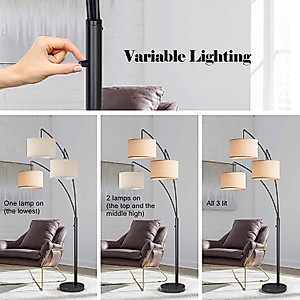 PARTPHONER Arc Floor Lamps for Living Room, Modern Black Floor Lamp Tall Standing Lamps, Multi-Arm Trilage Arched Floor Lamp for Bedroom Lounge Home Office, Light Beige Shades