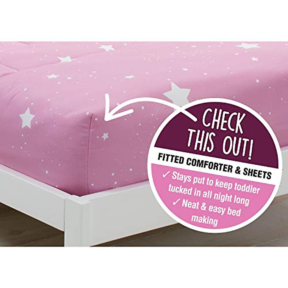 Delta Children 4 Piece Toddler Bedding Set for Girls - Reversible 2-in-1 Comforter - Includes Fitted Comforter to Keep Little Ones Snug, Bottom Sheet, Top Sheet, Pillow Case - Pink Blushing Star