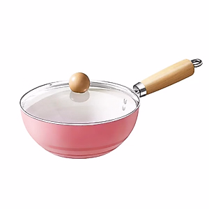 Ceramic Nonstick Frying Pan with Lid,Refined Iron Sauce Pan with Double Guide Ports and Wooden Handle, Cooking Pot Saucepan for Stove Top (Pink)