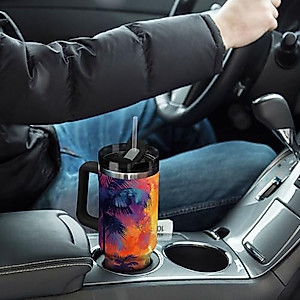 Selerdon 40 oz Tumbler Coconut Trees Tropical Print with Handle and Straw Lid Vacuum Stainless Steel Insulated Water Bottle Travel Mug Car Cup Holder Friendly BPA Free for Gym Travel Office