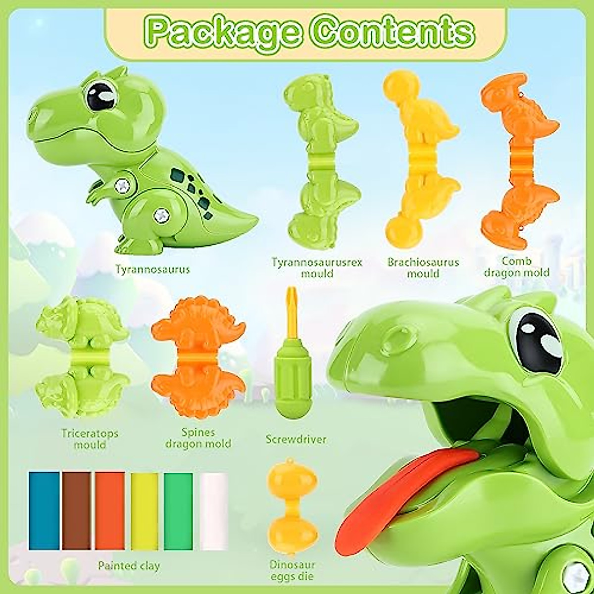 Dinosaur PlayDough Toys for Kids Play Dough Tools Set Accessories Dinosaur World Toys with Dino Models Play Dough Sets for Kids Toddlers Ages 4-8 Birthday Holiday Gift (Green)