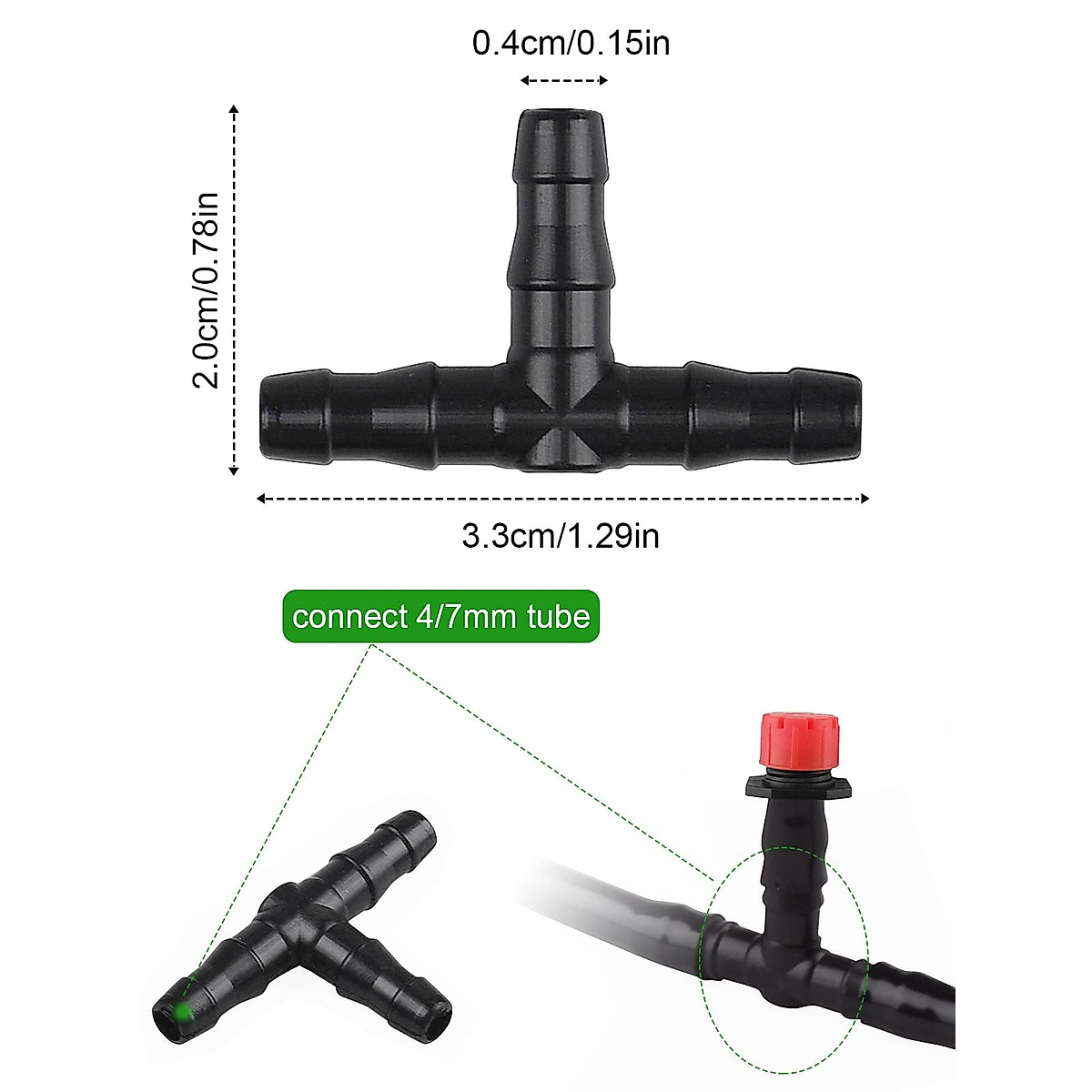 Kalolary 500Pcs Barbed Tee Irrigation Fittings, 1/4 Inch Tube Universal Drip Irrigation Connector Compatible with Watering Systems, 4/7mm Hose Automatic Irrigation Adapter
