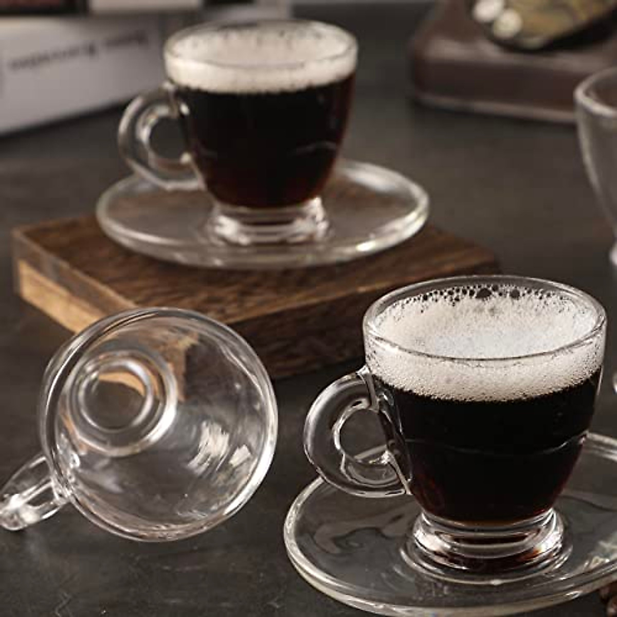 GURUDAR Espresso Cups with Saucers and Spoons Set of 6, Glass Demitasse Cups for Cappuccino Latte Café Mocha Tea and More Beverage, 3.2OZ/95ML, Clear